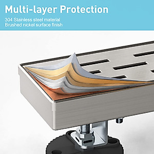 EMBATHER 24 Inches Linear Shower Drain with Removable Pattern Grate, CUPC Certified, 304 Stainless Steel Floor Drain and Shower Drain Base Included Hair Strainer and Leveling Feet, Brushed Nickel