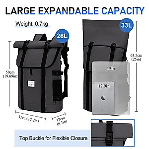 Kasqo Laptop Backpack for Men, 17 Inch Rolltop Large Capacity Water Resistant School College Travel Bookbag Casual Daypack, Dark Grey