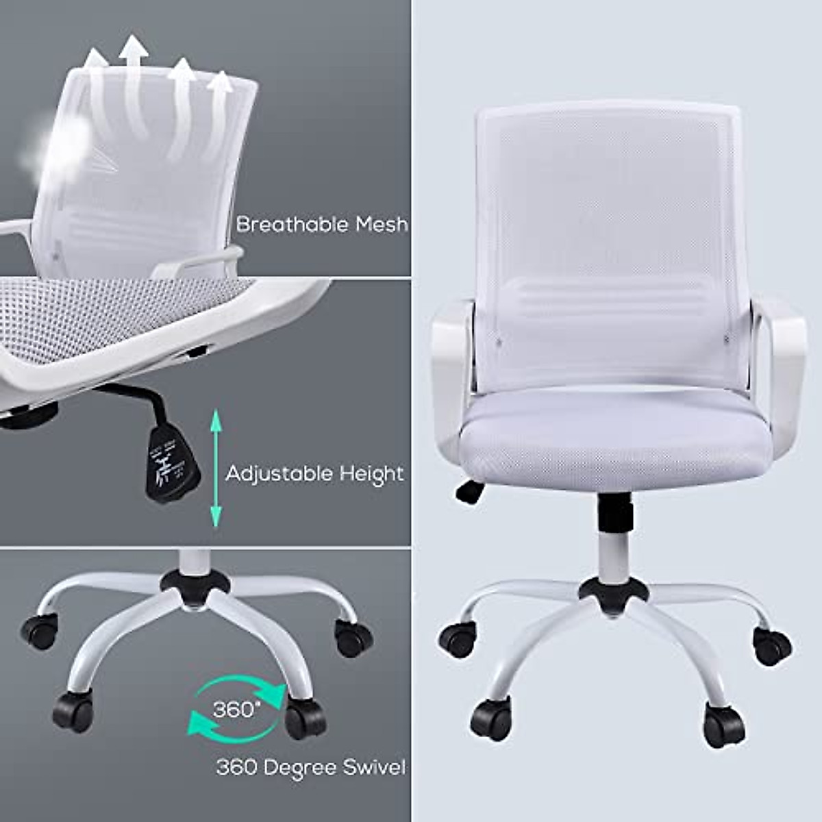 Ergonomic Home Office Desk Chairs, Mesh Chair with Lumbar Back Support Armrest, Height Adjustable Executive Rolling Swivel Computer Chair, Mid Back Task Chair for Home Office Work, White
