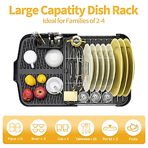 Urackify Extendable Dish Drying Rack, Foldable Dish Rack, Adjustable Dish Drainer for Kitchen - Non-Scratch and Movable Cutlery Holder and Drainage Spout, Black