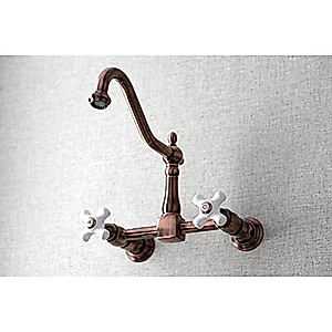 Kingston Brass KS124PXAC Heritage Two-Handle Wall Mount Bridge Kitchen Faucet, Antique Copper