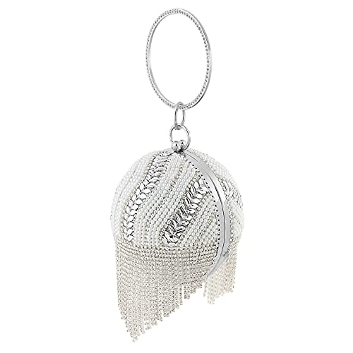 UMREN Women Pearl Round Ball Dazling Crystal Evening Clutch Purse Rhinestones Tassel Wedding Party Handbags Silver 5