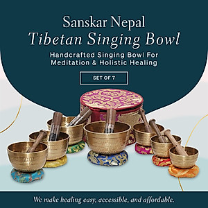 Sanskar Nepal - Tibetan Singing Bowl Set of 7, Handcrafted Singing Bowl for Meditation & Holistic Healing, Yoga Accessories, 3-5” Gold Singing Bowls with Wooden Striker, Cushion & Purple Carry Box