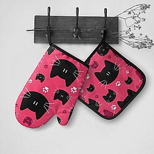 Cute Cat Faces Oven Mitts and Pot Holders Sets Heat Resistant Oven Gloves with Non-Slip Surface for Reusable for Baking BBQ Cooking