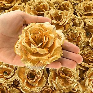Youeon 100 Pcs Artificial Rose Flower Heads for Crafts, 3.5 Inch Faux Gold Flower Heads, Silk Rose Flowers Head in Bulk, Gold Roses Artificial Flowers for Centerpieces, Flower Wall, Wedding