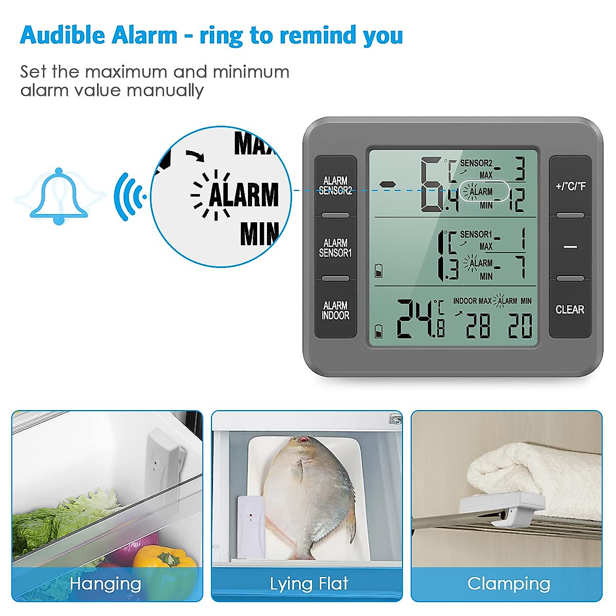 AMIR Upgraded Refrigerator Thermometer, Wireless Indoor Outdoor Thermometer, Sensor Temperature Monitor with Audible Alarm Temperature Gauge for Freezer Kitchen Home (Battery not Included, Grey)
