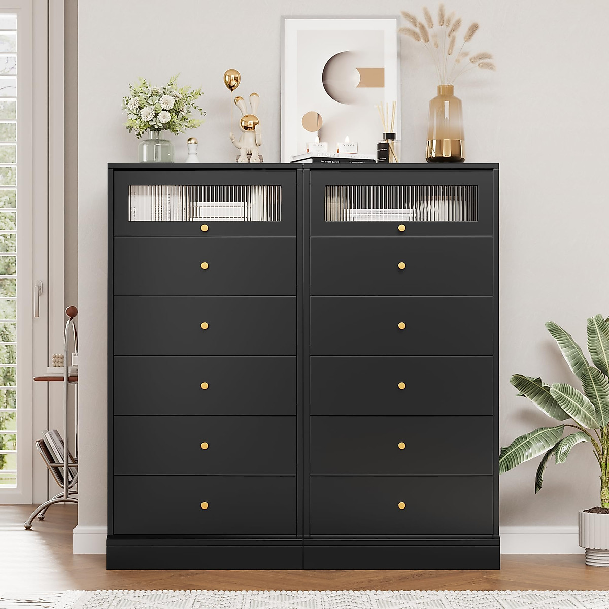 FINETONES 6 Drawer Dresser Black Dresser, 51'' Tall Black Dresser Black and Gold Dresser with Exquisite Glass Door, Modern Dresser Gold Dresser, Thickened Board Sturdy Dresser for Home