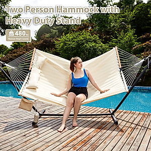 Homgava Two Person Hammock with Stand Heavy Duty, Outdoor Patio Hammock with Portable Steel Stand, Large Double Hammocks,480lbs Capacity.(Off White)