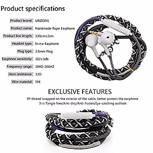 URIZONS Earbuds Bracelet Colorful Braided Earphones - 3.5mm Wired Headphones with Microphone Remote in-Ear Sports Headset for iPhone Handmade Fabric Knitted Thread Wrapped
