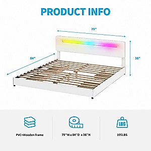 Mjkone LED Bed Frame King Size with Adjustable LED Lights Headboard Upholstered Platform Bed with 4 Storage Drawers, Smart Bed Compatible with Alexa&Google, No Box Spring Needed, Easy Assembly,White