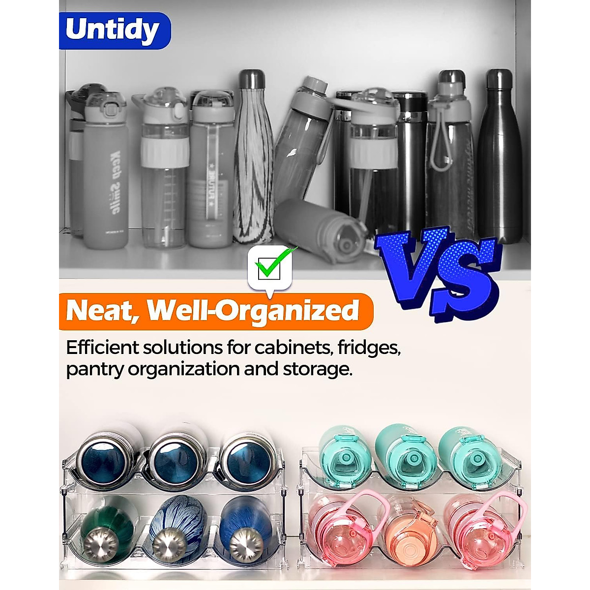 boailydi Water Bottle Organizer for Cabinet, Stackable Water Bottle Racks for Kitchen Pantry Organization and Storage -2 Packs, Hold 6 Bottles, Clear