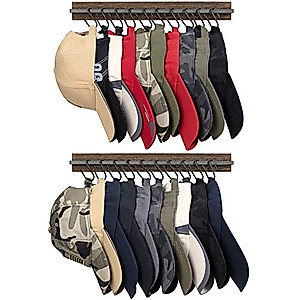Mkono Hat Rack for Wall Wooden Baseball Caps Organizer with 20 Hooks Rustic Cowboy Hat Hanger Wall Mounted Hats Display Rack for Closet Bedroom Entryway, Set of 2, Brown