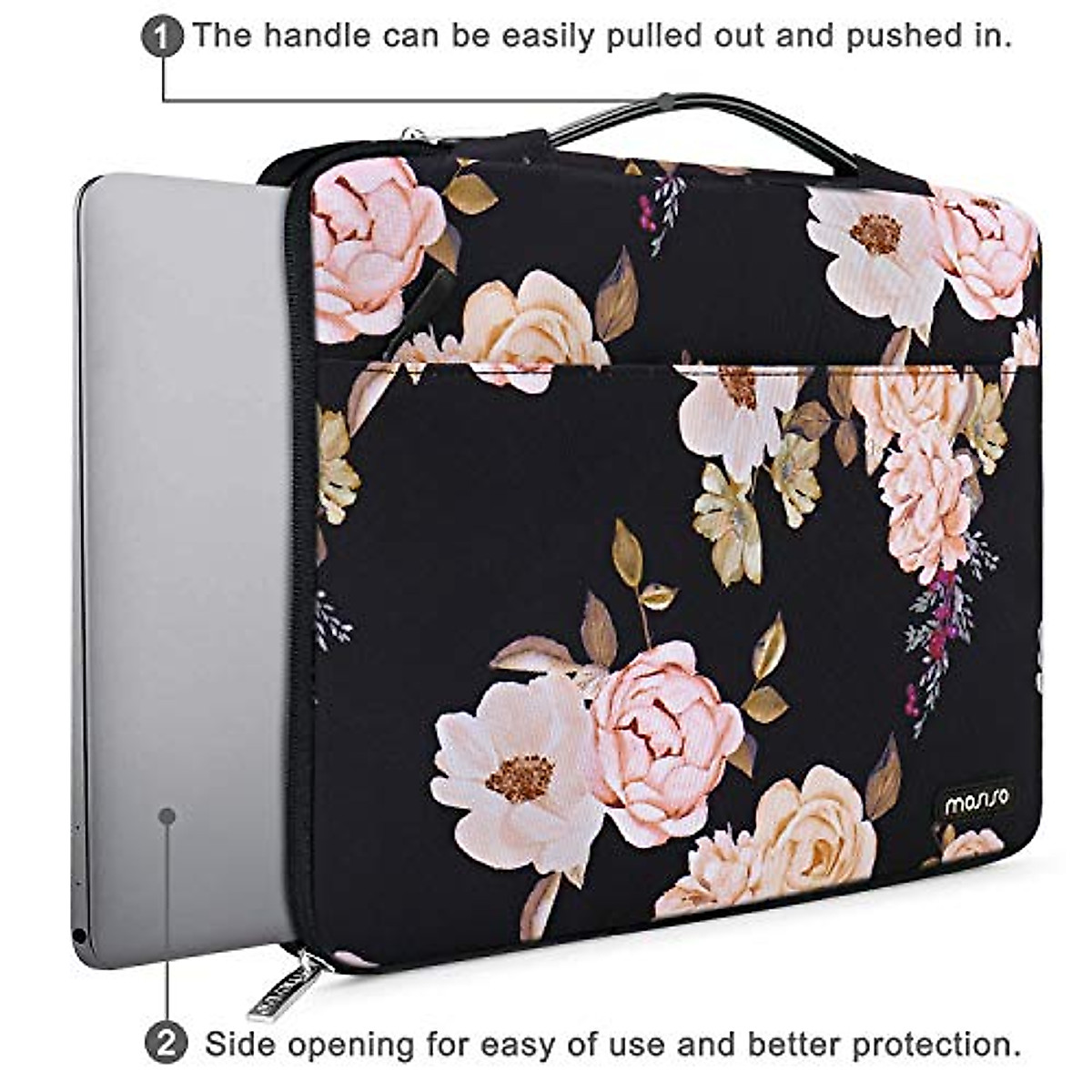 MOSISO 360 Protective Laptop Sleeve Compatible with MacBook Air 15 inch M2 A2941 2023/Pro 16 2023-2019 M2 A2780 M1 A2485 A2141/Pro Retina 15 A1398, 15-15.6 inch Notebook, Peony Bag with Belt, Black