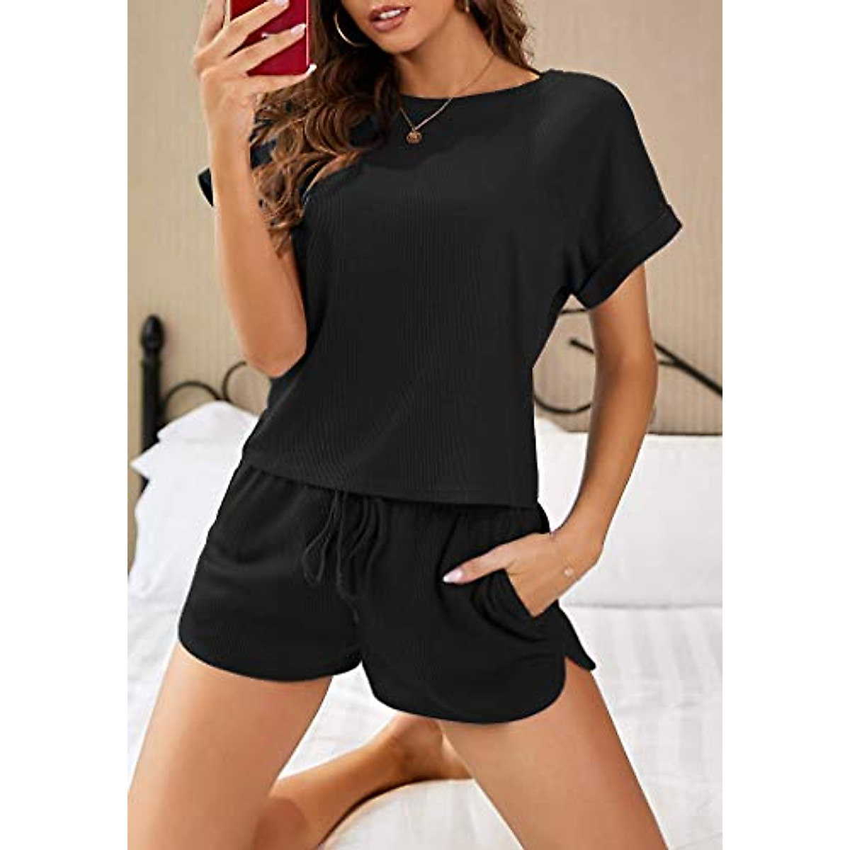 Aifer Sexy Pajama Sets for Women Waffle Knit Loungewear Set Short Sleeve Top and Shorts Two Piece Lounge Sets Spring Matching Sets with Pockets Black