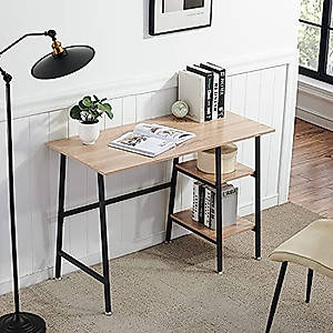 VECELO 43 Inch Writing Computer Desk, Home Office Study Tables with 2 Tier Storage Shelves eiton Left or Right Side, Simple Industrial Style with Adjustable Feet and Water Proof Surface, Oak, 43"
