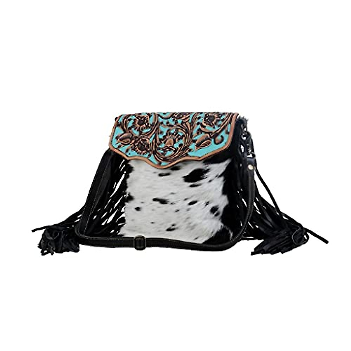 Myra Bag Aqua Hand-Tooled Bag Upcycled Cotton & Cowhide Leather S-2856