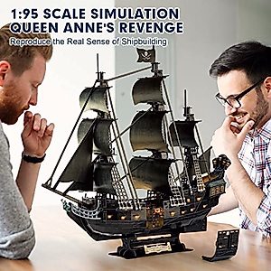3D Puzzle for Adults Moveable LED Pirate Ship with Detailed Interior Decoration, Large Queen Anne's Revenge Desk Puzzles, Difficult 3D Puzzles with Lights Gifts for Men Women
