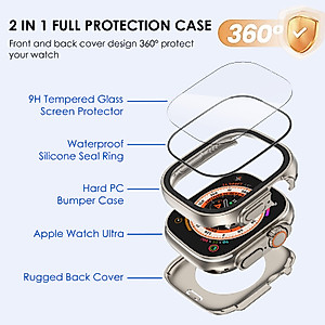 Wingle 2 in 1 Waterproof Case for Apple Watch Ultra 2 Screen Protector 49mm Case Cover, 2 Pack 360 Protective Glass Face Cover Hard PC Bumper + Back Frame for iWatch Ultra/Ultra 2 49 mm, Titanium