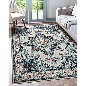 Area Rug Living Room Rugs: 8x10 Washable Large Carpet Boho Oriental Persian Distressed Bohemian Non-Slip Area Rugs for Dining Room Farmhouse Bedroom Office Home Decor Cream/Blue