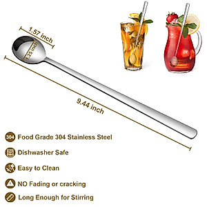 Long Handle Iced Tea Spoons, 304 Stainless Steel Teaspoons, 9.5 Inch Coffee Stirrers,Ice Cream Spoon,Cocktail Stirring Spoons, Set of 4 (Silver) (9.4 Inch, 4)