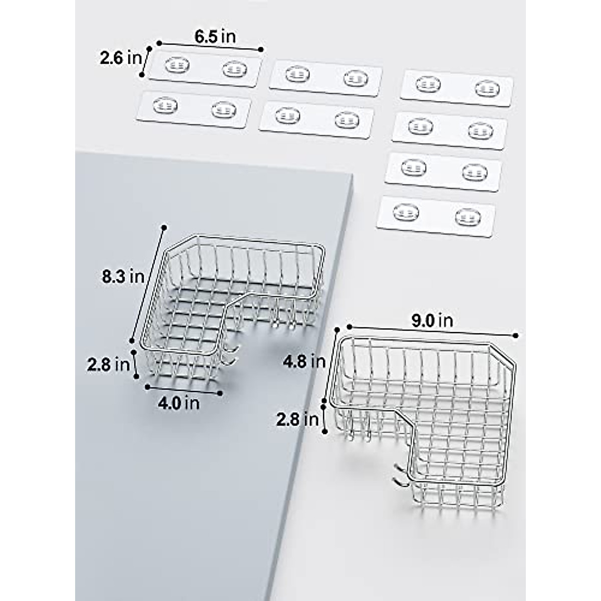 SMARTAKE Corner Shower Caddy Shower Shelf 2 Pack Adhesive Shower Rack with Hooks, SUS 304 Stainless Steel Shower Organizer for Bathroom Toilet Kitchen, Shower Storage for 90° Wall (Silver)