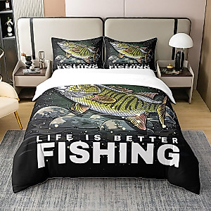 jejeloiu Big Pike Fish Duvet Cover 100% Cotton Bass Big Fish Bedding 100% Cotton Set Fishing and Hunting for Children Microfiber Fisherman Fish Man Duvet Set Room Decor Quilt Cover Full Zipper
