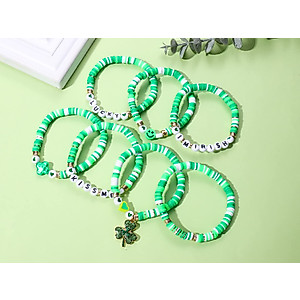 FAERLIIRY St. Patrick's Day Bracelets for Women Beaded Heishi Bracelets Preppy Surfer Bracelets Green Bead Bracelets Shamrock Luck Charm Bracelet Irish Party Jewelry (Green)