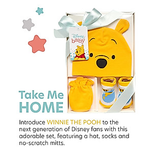 Disney Newborn Baby Boys’ Take Me Home Layette Gift Set: 3D Ear Hat, Socks and Mitten: Mickey Mouse, Winnie The Pooh, Size Age 0-3M, Pooh Bear