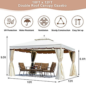 Erommy 10' x 12' Outdoor Canopy Gazebo, Double Roof Patio Gazebo Steel Frame with Netting and Shade Curtains for Garden, Patio, Party Canopy, Cream