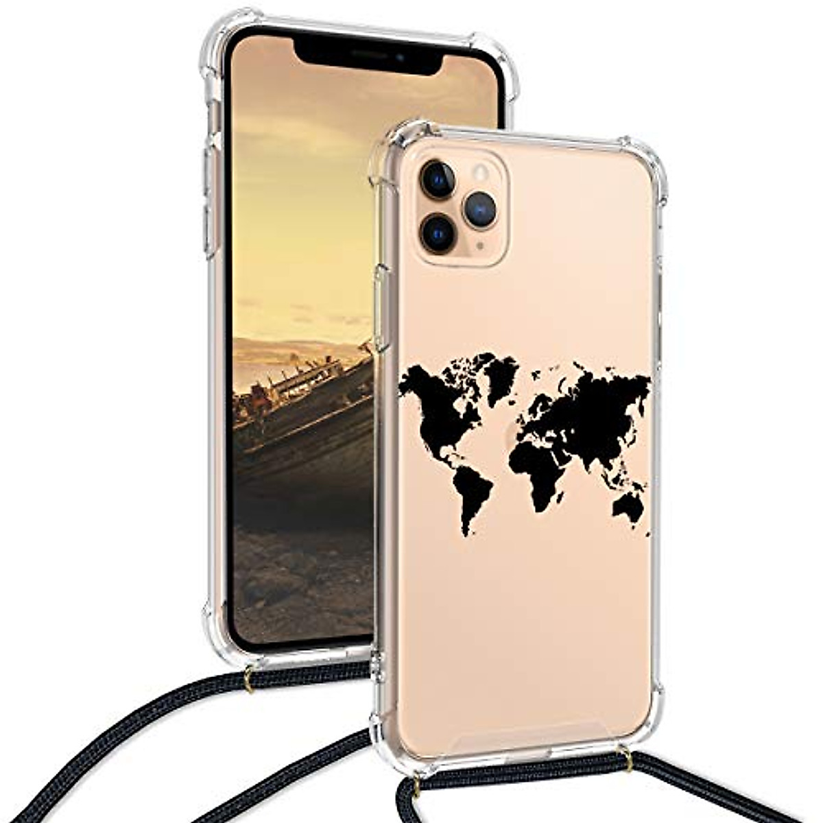 kwmobile Crossbody Case Compatible with Apple iPhone 11 Pro Max Case Strap - Travel Outline Black/Transparent