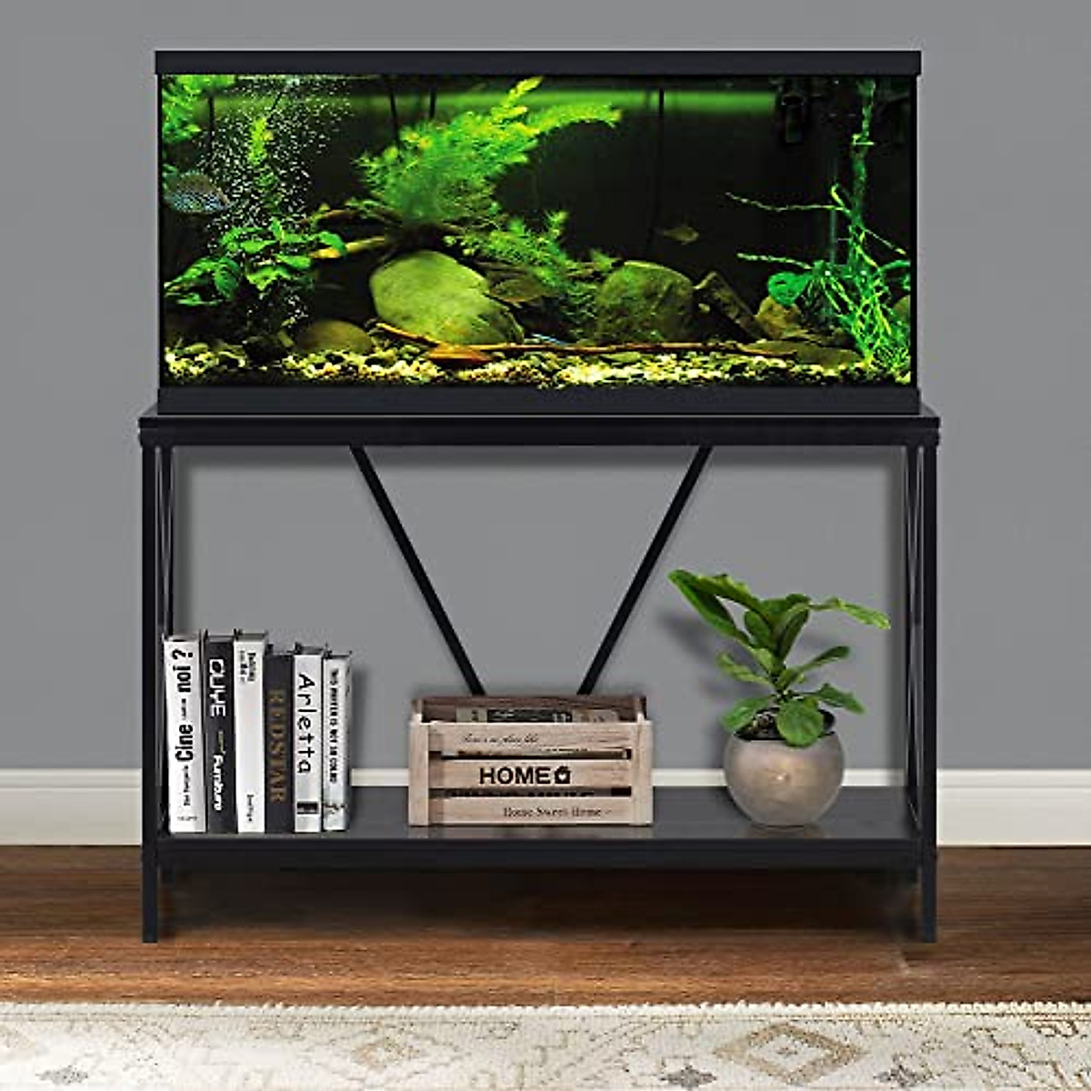 Aquatic Fundamentals 40/55 Gallon Metal/Wood, Aquarium Stand, Console Table, 48.25" L x 13" W, Black