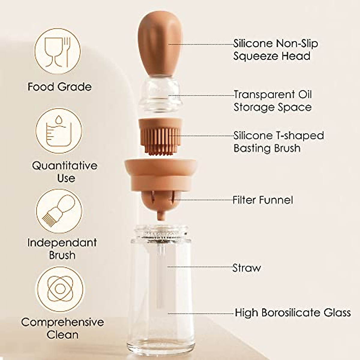 TINMIX Oil Dispenser with Brush - Glass Olive Oil Dispenser for Kitchen, 2 IN 1 Oil Dispenser Bottle with Silicone Basting Brush for Cooking Vinegar Sauce BBQ Grill Frying, T-OB21, Grey