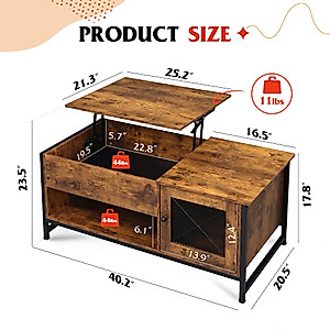 WLIVE Lift Top Coffee Table with Storage Cabinet, 41.7" Wood Coffee Table for Living Room, Retro Center Table with Lifting Top, Hidden Compartment and Open Shelf for Home, Office, Rustic Brown