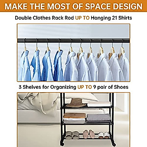 ZOES HOMEWARE Clothes Rack,Double Rod Clothing Rack on Wheels,Large Metal Heavy Duty Clothing Rack with 3 Shelves for Hanging Clothes,Black Rolling Clothes Rack, 65"x 31" x16"