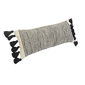 LR Home Distressed Fringe Pillow, 28"x12", Gray/Black/Ivory