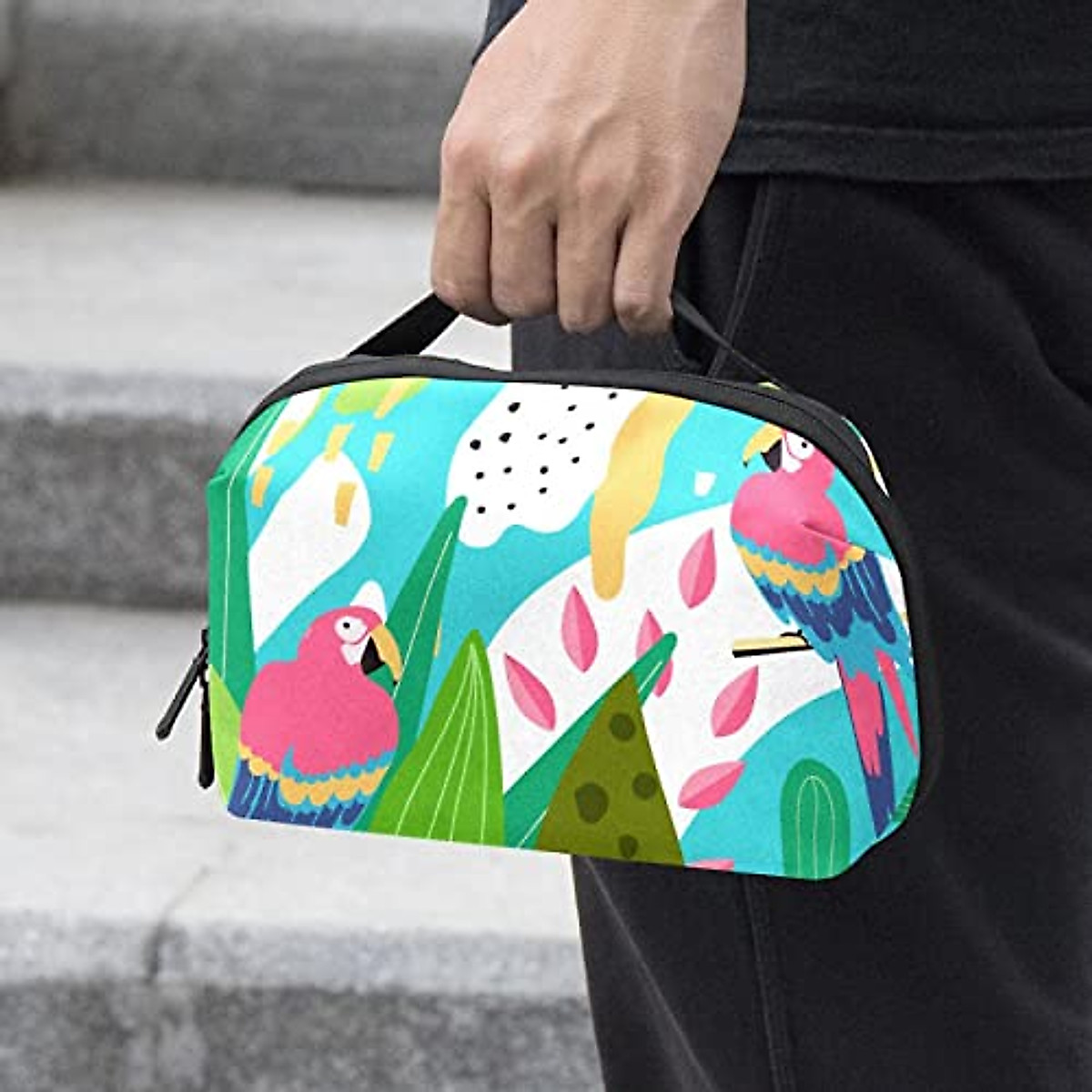 Travel Cord Organizer, Tech Organizer, Electronics Organizer, Cable Organizer Bag, Modern Cartoon Tropical Plant Parrot