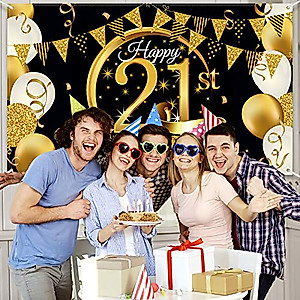 Birthday Party Decoration Extra Large Fabric Black Gold Sign Poster for Anniversary Photo Booth Backdrop Background Banner, Birthday Party Supplies, 72.8 x 43.3 Inch (21st)
