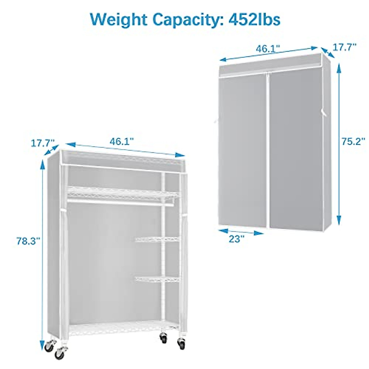 VIPEK V11C Garment Rack Rolling Clothes Rack Heavy Duty Portable Closets with Lockable Wheels Adjustable Metal Wire Shelves Wardrobe White Clothing Rack with Frosted Translucent Cover, Max Load 452LBS