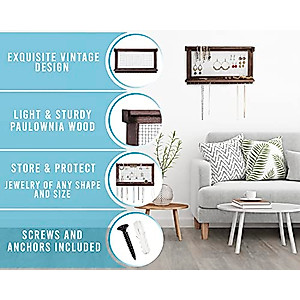 Rustic Jewelry Organizer – Wall Mounted Jewelry Holder with Removable Bracelet Rod, Shelf and 16 Hooks – Perfect Earrings, Necklaces and Bracelets Holder – Vintage Jewelry Display – Torched Brown