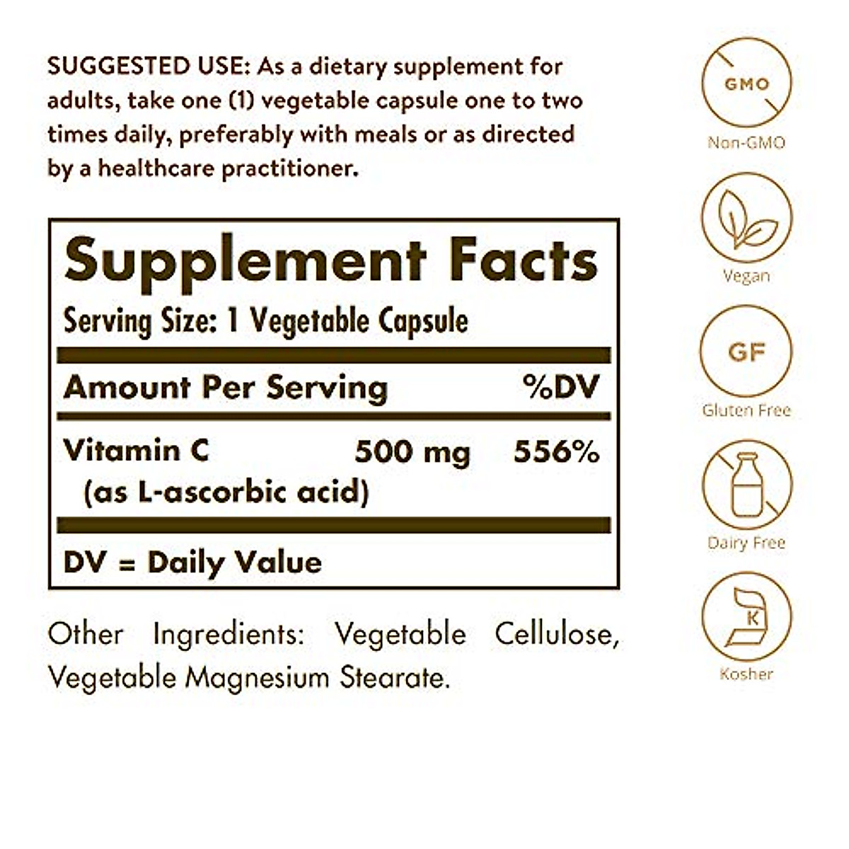 Solgar Vitamin C 500 mg, 100 Vegetable Capsules - Antioxidant & Immune Support - Overall Health - Supports Healthy Skin & Joints - Non GMO, Vegan, Gluten Free, Kosher - 100 Servings