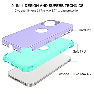 BENTOBEN iPhone 13 Pro Max Case, Phone Case iPhone 13 ProMax 6.7, Heavy Duty 2 in 1 Full Body Rugged Shockproof Protection Hybrid Hard PC Bumper Drop Protective Girls Women Boys Men Cover, Purple/Mint