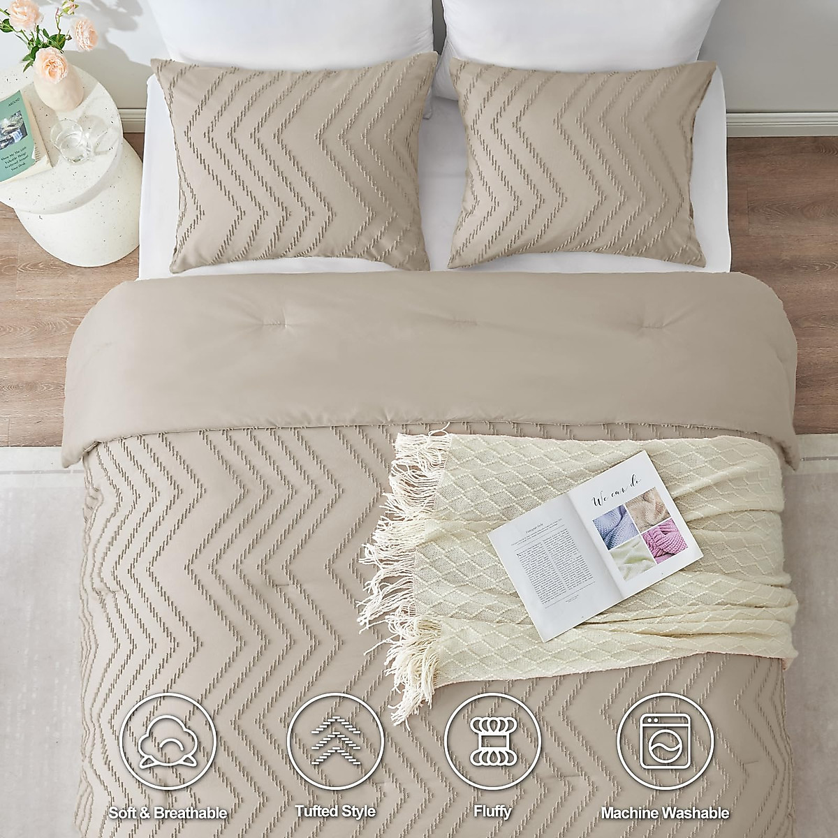 CozyLux Twin/Twin XL Size Comforter Set Beige - 1 Pieces Boho Tufted Shabby Chic Bedding Comforter Set for All Seasons, Chevron Bedding Sets with Comforter & 1 Pillow Shams