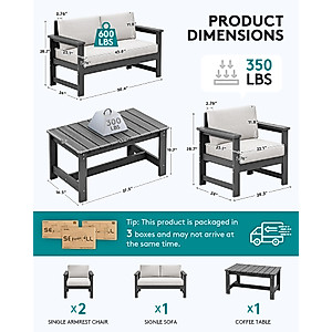 SERWALL 4 Pieces Outdoor Conversation Sofa Set with Cushions, HDPE Outdoor Couch Loveseat Furniture with Side Table All Weather Use for Patio, Balcony, Deck, Poolside, Grey Frame with Khaki Cushions