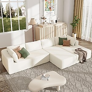 Yogald 135.6‘’ L-Shaped 4 Seats Sectional Cloud Sofa with 2 Chaise Lounges, Minimalist Style Oversized Modular Sofa, Comfy Upholstered Luxury Floor Couch Set, for Living Room Office Apartment (Beige)
