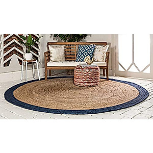 Unique Loom Braided Jute Collection Classic Quality Made Natural Hand Woven with Solid Color Detail Area Rug (8' 0 x 8' 0 Round, Natural/ Navy Blue)