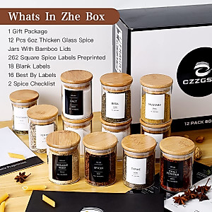 CZZGSM 24 Pcs Glass Spice Jars With 296 Spice Labels Preprinted of White and Black Color- 4oz Thicken(2.4mm) Spice Containers With Bamboo Airtight Lids - Empty Small Herb Seasoning Jars