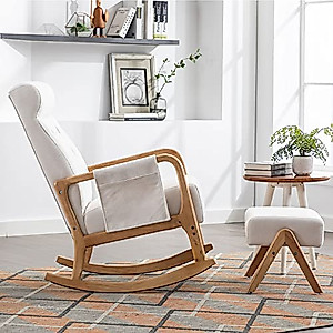 Neylory Rocking Chair Nursery, Mid-Century Modern Upholstered Fabric Rocking Chairs with Ottoman, Nursery Glider with Thick Padded Cushion, High Backrest Glider Rocker for Living Room (Beige)