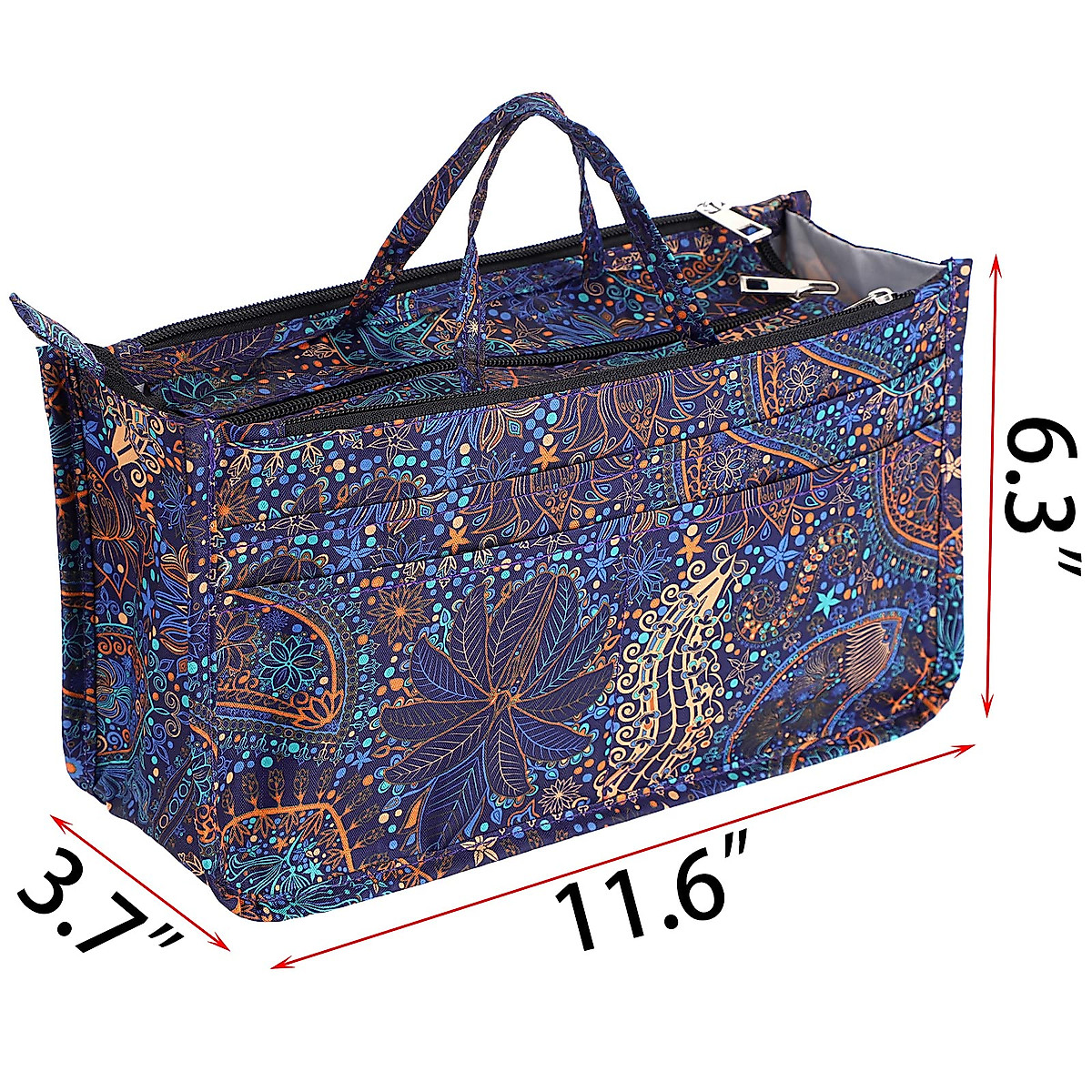BTSKY Printing Handbag Organizers Inside Purse Insert - High Capacity 13 Pockets Bag Tote Organizer with Handle(Blue Lotus)