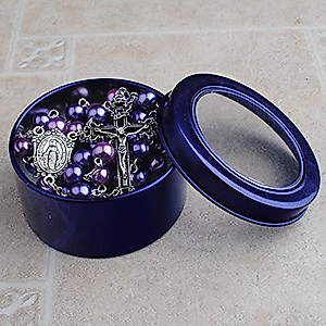 HanlinCC Purple and Pink Glass Pearl Beads Rosary Necklace with Miracuolus Center Piece and Aint-Silver Crucifix with Puprle Metal Gift Box