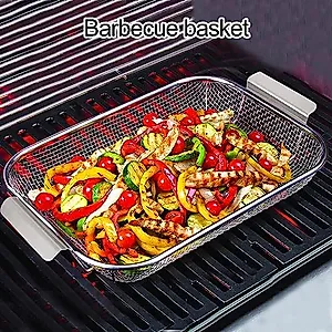 Worparsen Grill Basket for Outdoor Grill Stainless Steel Fry Basket,Stainless Steel Perforated Grill Baskets for Grilling Veggies Seafood and Meats Heating Holes Grilling Roasting BBQ Basket Stainle